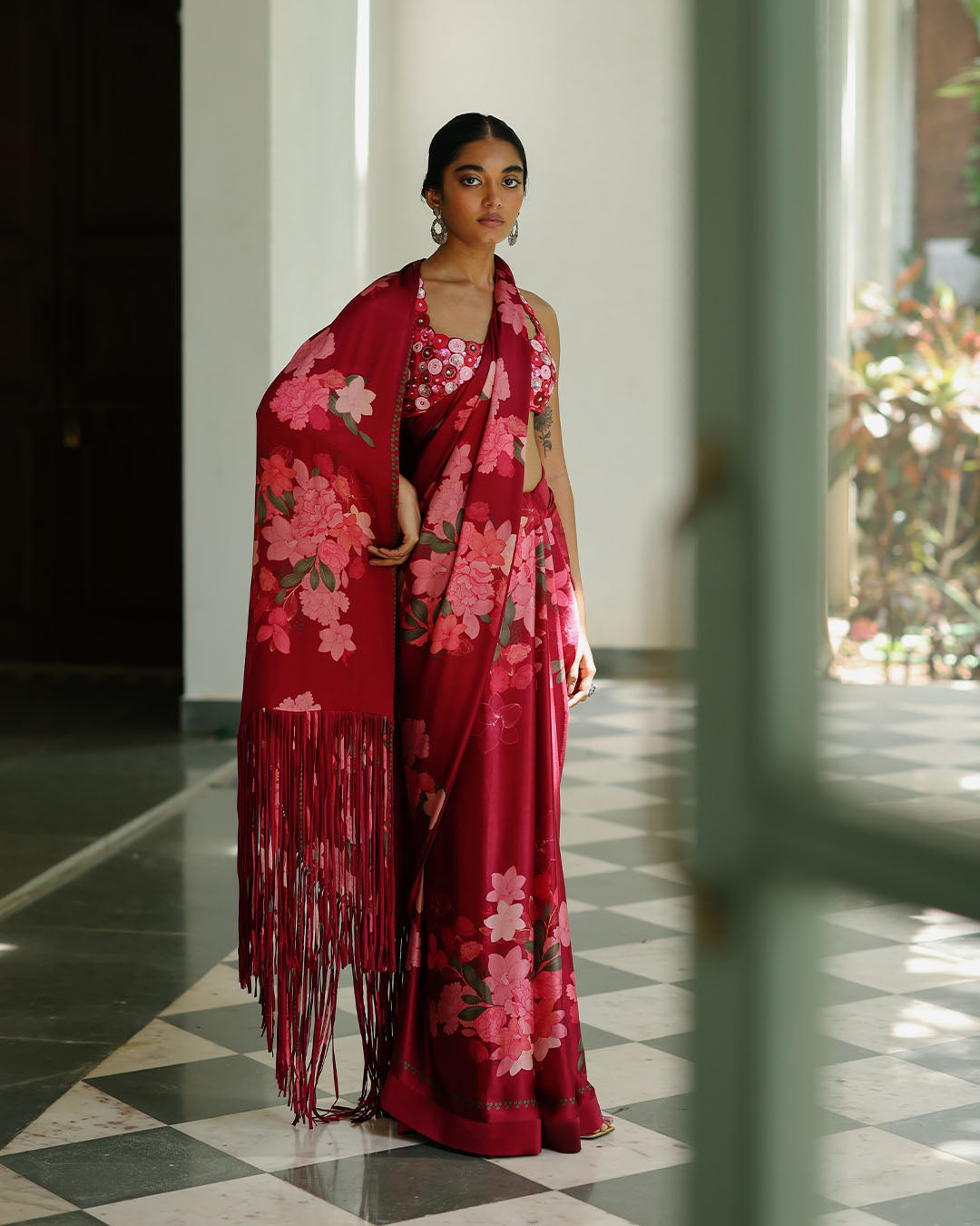 SCARLET FRINGE ORIENTAL BLOOM SARI SET (MSP SR 32) – Madzin : Luxury ...